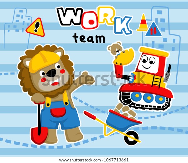 Work team cartoon with cute animals, digger. Construction equipment ...