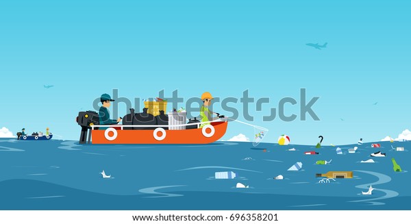Workers On Ship Collecting Garbage Sea Stock Vector (Royalty Free ...