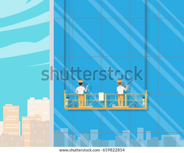 Workers Wash Windows Skyscraper Cleaning Service: vector de stock ...