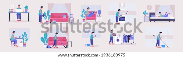Workflow Quarantine Housekeeping Set Young Man Stock Vector (Royalty ...