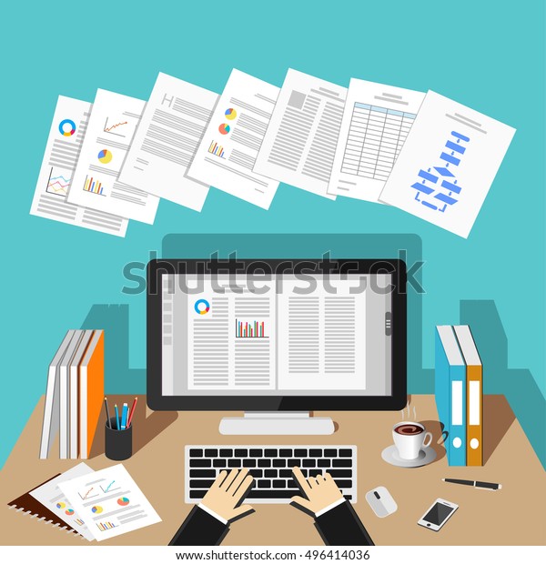 Working On Computer Desk Stock Vector (Royalty Free) 496414036 ...