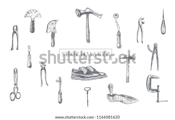 Workplace Cobbler Hand Drawn Vector Set Stock Vector (Royalty Free) 1166081620