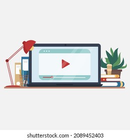 Workplace Work On Laptop Watching Video Stock Vector (Royalty Free ...