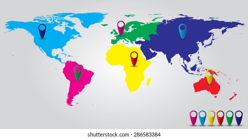 World Color Continents Map Pins Stock Vector (Royalty Free) 286583384 ...