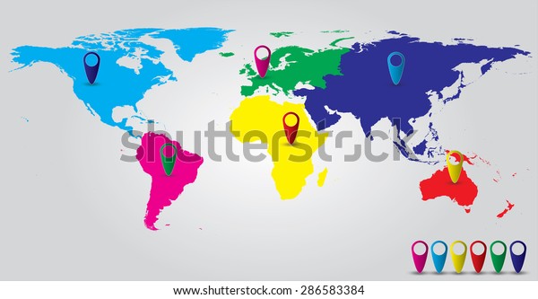 World Color Continents Map Pins Stock Vector (Royalty Free) 286583384 ...