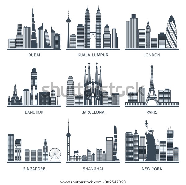 World Famous Capitals Cities Characteristic Downtown Stock Vector ...