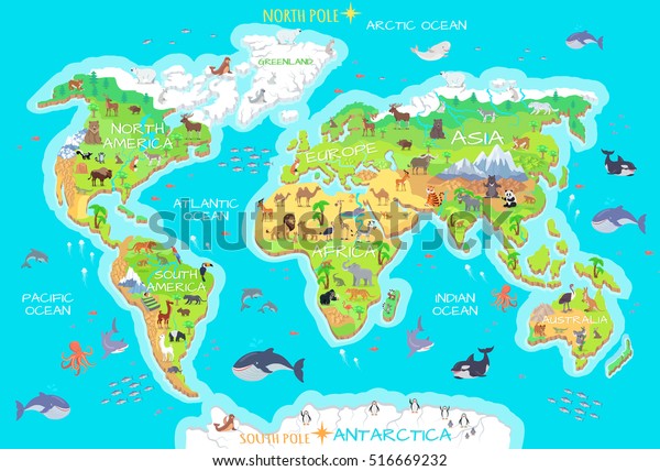 World Geographical Map Flora Fauna Animals Stock Vector (Royalty Free ...