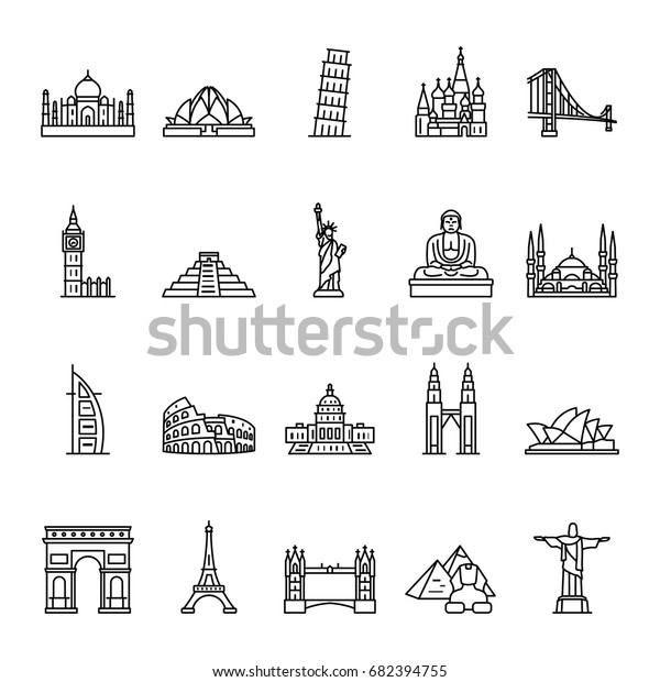 World Landmark Outline Icon Set: vector de stock (libre de regalías ...