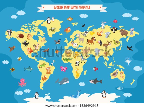 World Map Cartoon Animals Stock Vector (Royalty Free) 1636492915 ...
