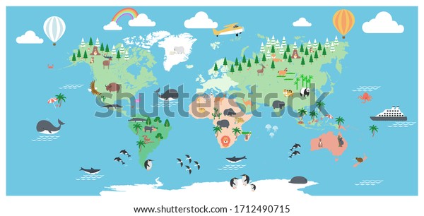 World Map Cartoon Animals Kids Nature Stock Vector (Royalty Free ...