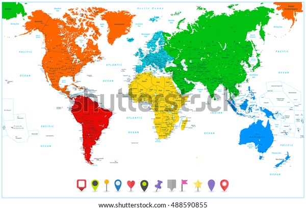 World map with colorful continents and flat map pointers. Highly ...