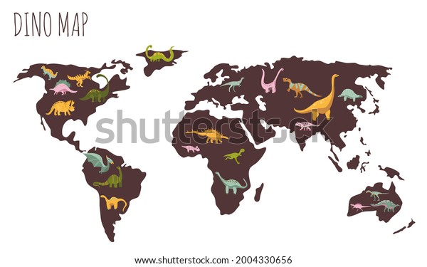 World Map Dinosaurs Habitat Prehistoric Reptilesdino Stock Vector ...