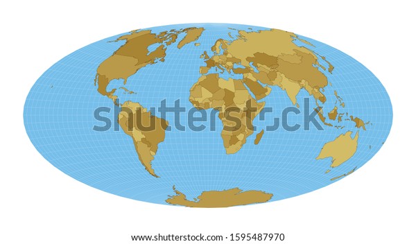 World Map. Hammer projection. Map of the world with meridians on blue ...