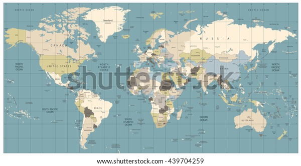 World Map old colors illustration: countries, cities, water objects ...