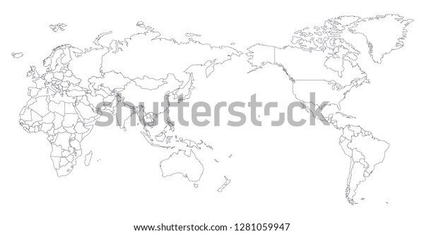 World Map Outline Contour Silhouette - Asia in Center