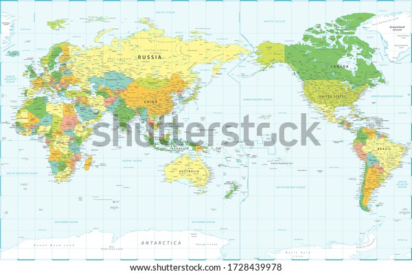 World Map - Pacific View - Asia China Center - Political Topographic ...