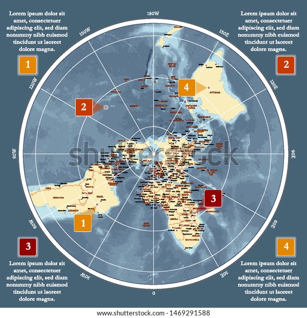 World map in polar projection with labels