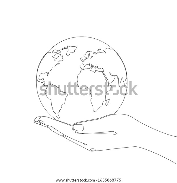 World in the palm of hand one line drawing on white isolated background ...