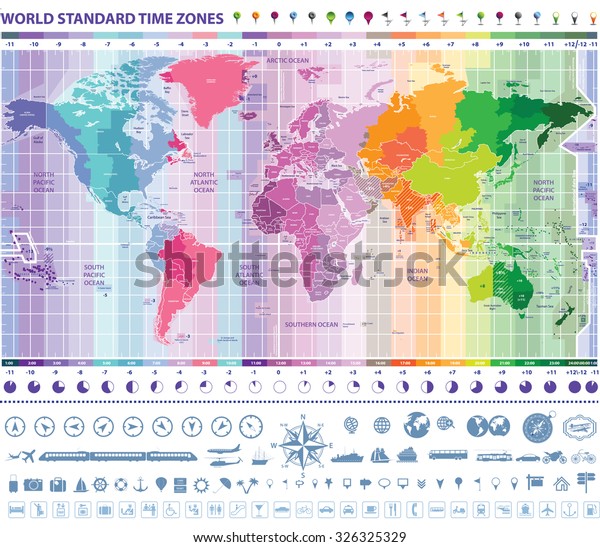 World Standard Time Zones Map Clocks Stock Vector (Royalty Free) 326325329