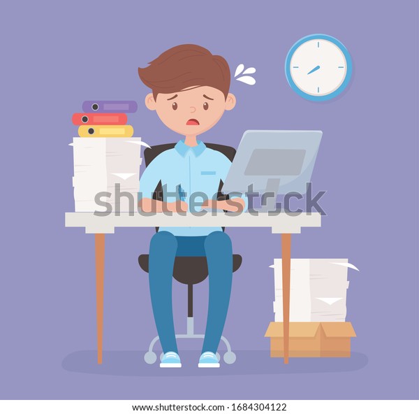 Worried Employee Desk Office Computer Pile Stock Vector (Royalty Free ...