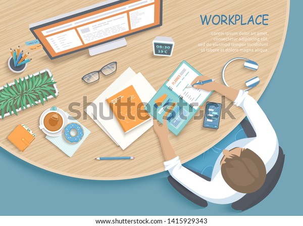 Writing Notes Planner Round Wooden Desk Stock Vector (Royalty Free ...