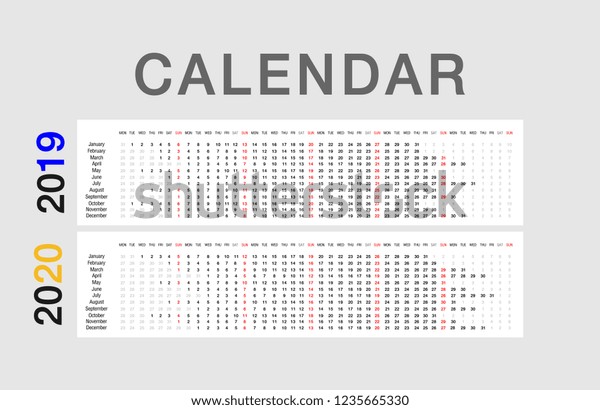 Year 2019 and Year 2020 calendar horizontal vector design template ...