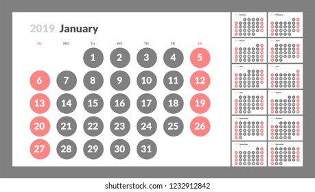 Year 2019 Calendar Horizontal Vector Design Stock Vector (Royalty Free ...