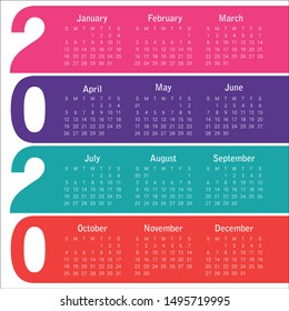 Year 2020 Calendar Vector Design Template Stock Vector (Royalty Free ...