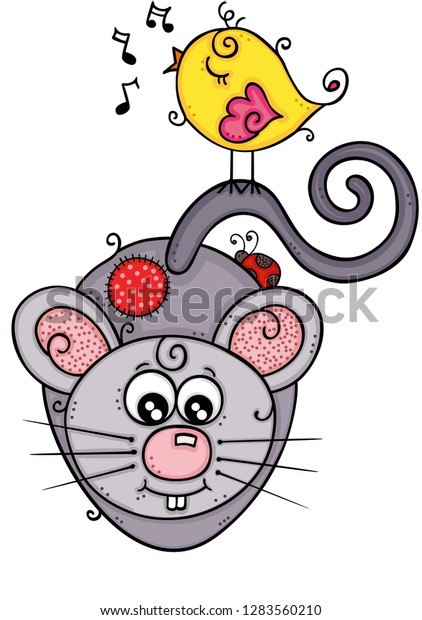 Yellow Bird Singing Happy Gray Mouse Stock Vector (Royalty Free ...