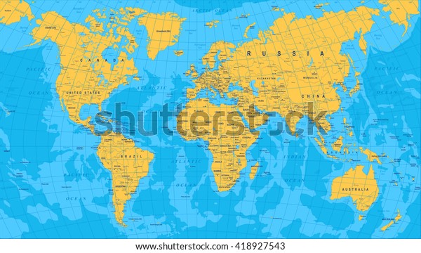 Yellow Blue World Map Borders Countries Stock Vector (Royalty Free ...