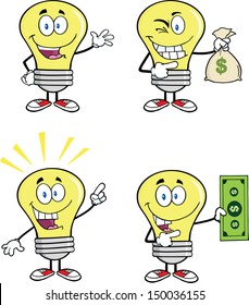 Yellow Light Bulb Cartoon Characters Set Stock Vector (Royalty Free ...
