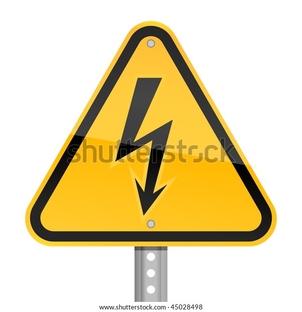 Yellow road hazard warning sign with high voltage symbol on a white ...