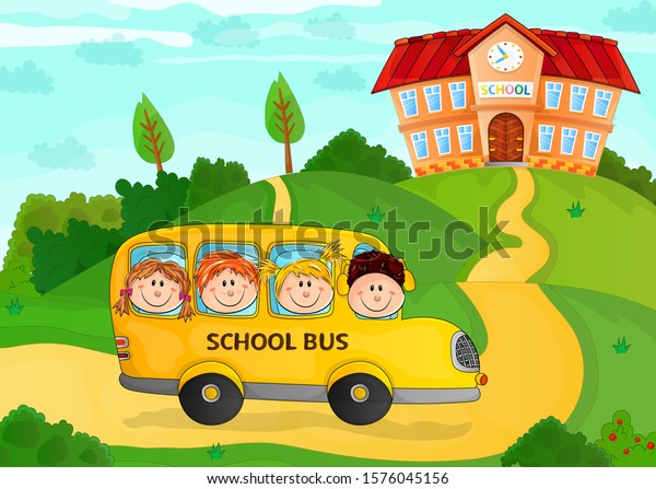 Yellow School Bus Smiling Happy Children: เวกเตอร์สต็อก (ปลอดค่า ...