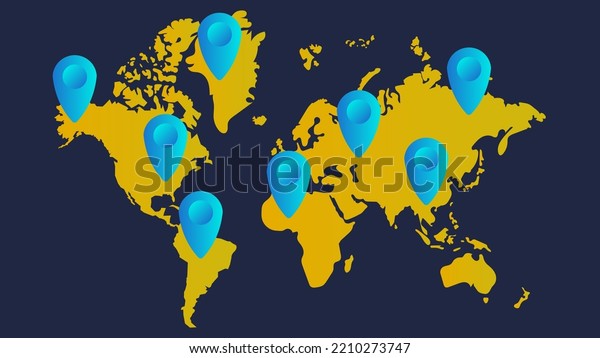Yellow World Map Blue Pin On Stock Vector (Royalty Free) 2210273747 ...
