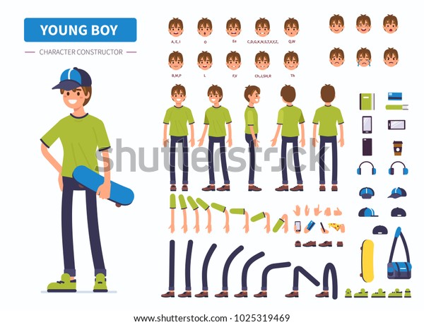 Young boy or teenager character constructor for animation. Front, side ...