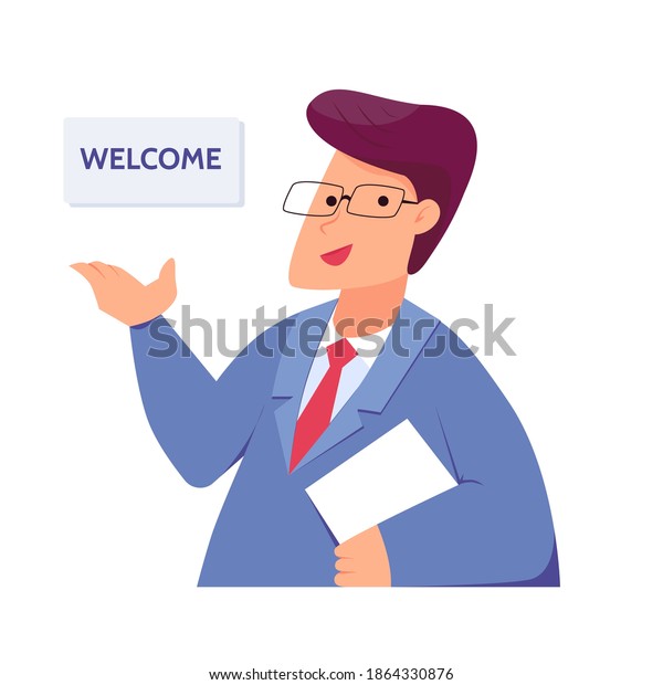 Young Businessman Presenting Hand Gesture Copy Stock Vector (Royalty ...