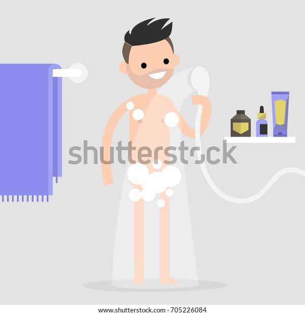 Young Character Taking Shower Bathroom White Stock Vector (Royalty Free ...
