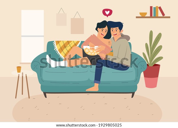 Young Couple Cuddling Sofa Illustration Concept Stock Vector (Royalty ...