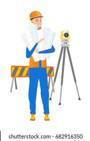 Young Engineer Standing Blueprint Construction Site Stock Vector ...