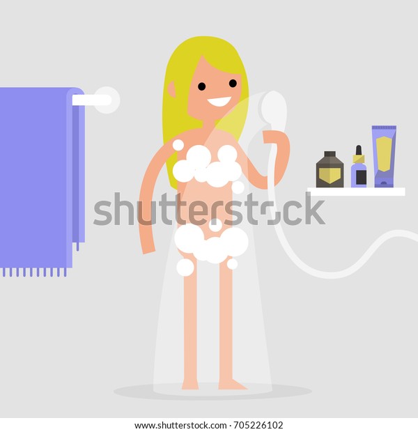 Young Female Character Taking Shower Bathroom Stock Vector (Royalty ...