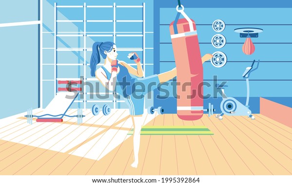 Young Girl Doing Kickboxing Exercise Gym Stock Vector (Royalty Free ...