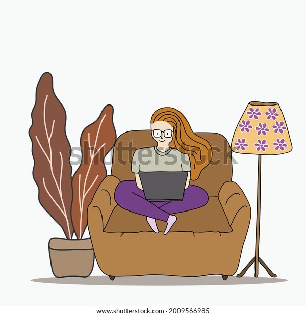 Young Girl Operating Laptop Computer Working Stock Vector (Royalty Free ...
