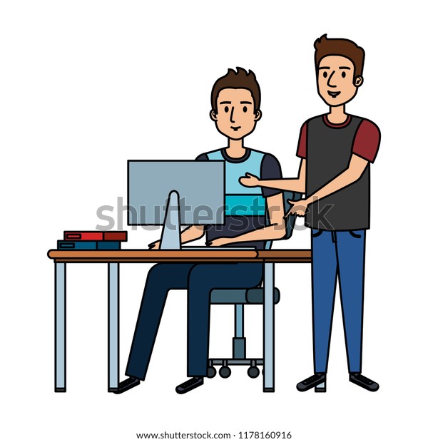 Young Man Desk Computer Companions Stock Vector (Royalty Free ...