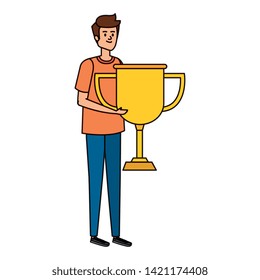 Young Man Lifting Trophy Cup Award Stock Vector (Royalty Free) 1421174348