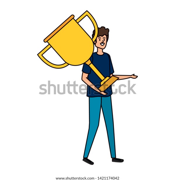 Young Man Lifting Trophy Cup Award Stock Vector (Royalty Free) 1421174042