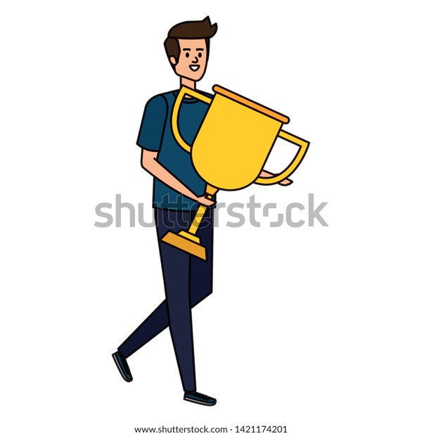 Young Man Lifting Trophy Cup Award Stock Vector (Royalty Free ...
