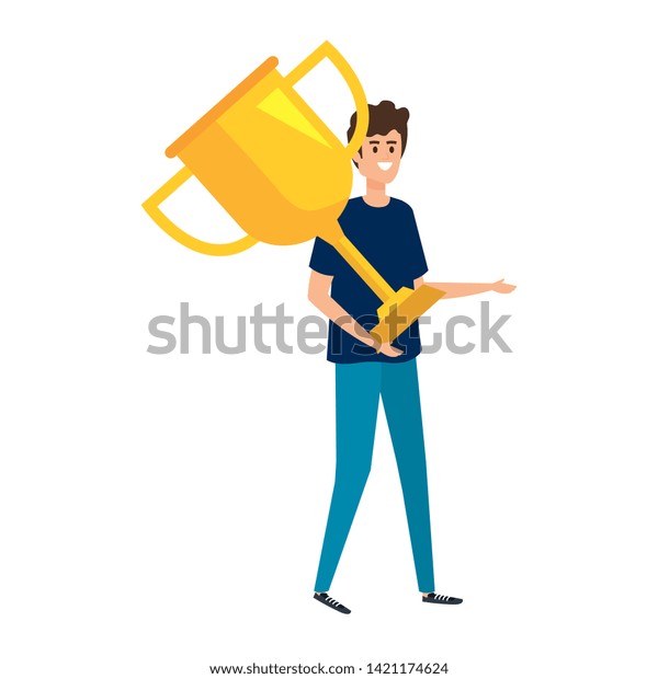Young Man Lifting Trophy Cup Award: vector de stock (libre de regalías ...