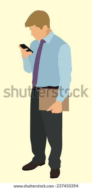 Young Man Looking Cell Phone Stock Vector (Royalty Free) 237450394 ...