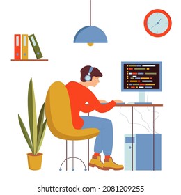 Young Man Programmer Headphones Working On Stock Vector (Royalty Free ...