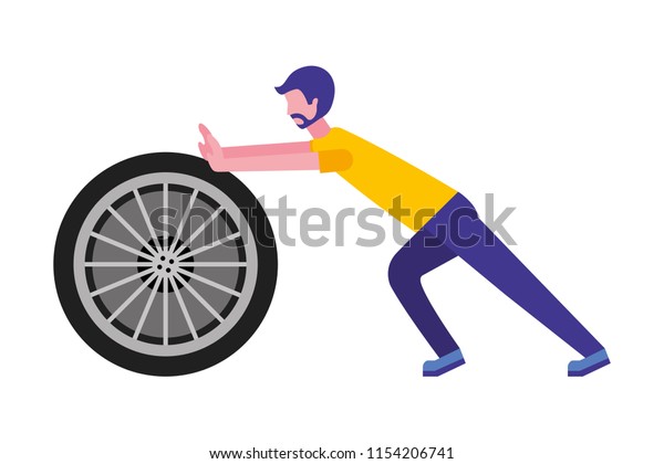 Young Man Pushing Tire Car Isolated Stock Vector (Royalty Free) 1154206741